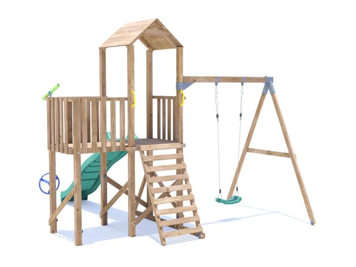 11x12 BalconyFort 4 Climbing Frame with Single Swing, HIGH Platform & Slide